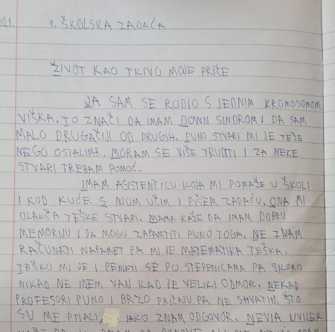 Pismeni sastav dječaka sa Daunovim sindromom rasplakao region - CdM